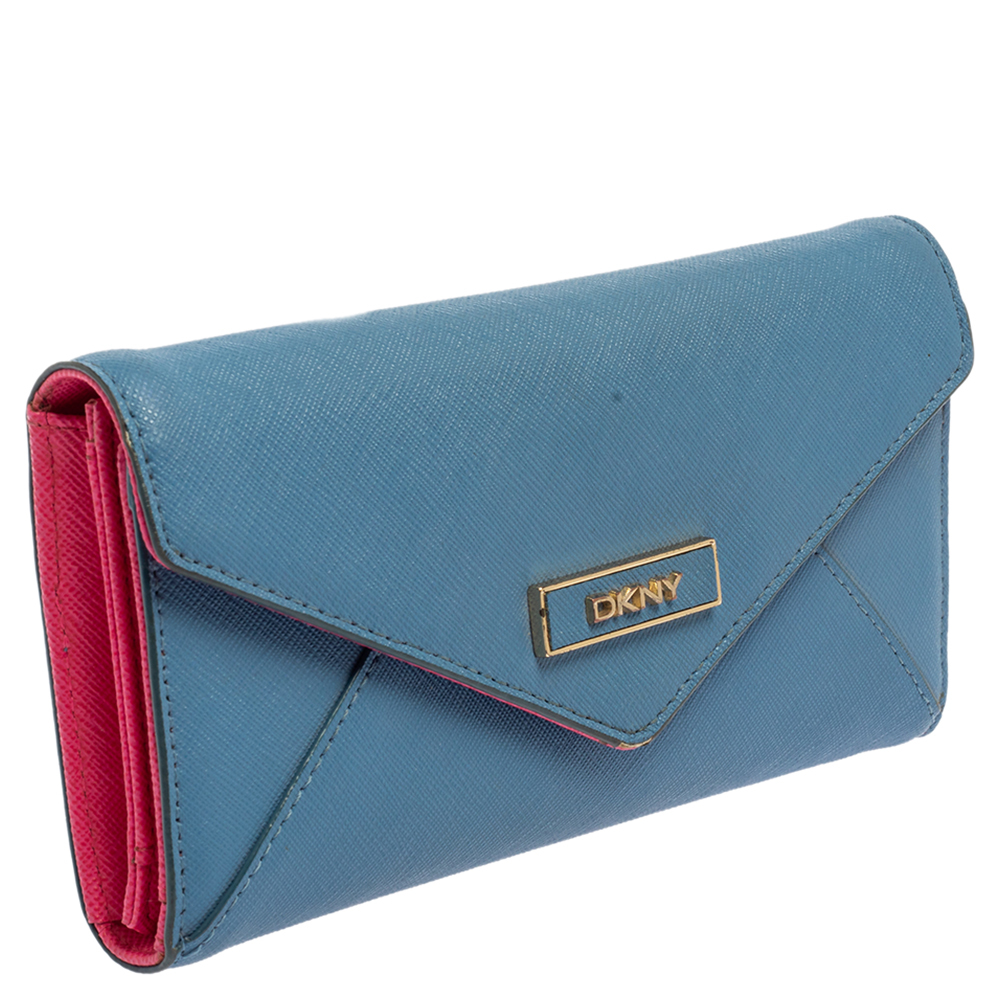 Dkny Blue/Pink Leather Long Trifold Wallet - Gem
